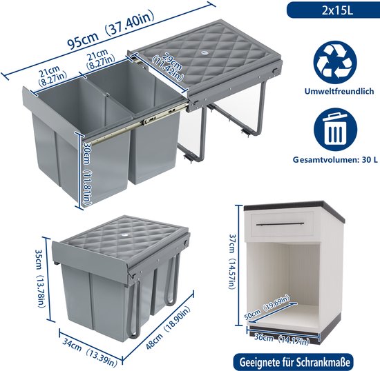 Inbouw-afvalscheidingssysteem, afvalsorteerder, 2 uitneembare afvalemmers, uittrekbare... | bol