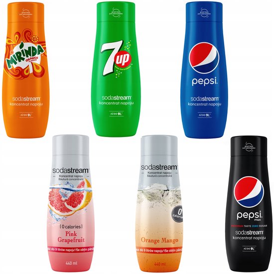 Set van 6 SodaStream Pepsi+Mirinda+7UP+Grapefruit+Orange-Mango+Pepsi ...
