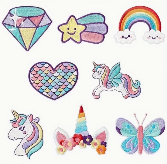 strijkembleem 8 stuks unicorn regenboog vlinder - strijkemblemen ...