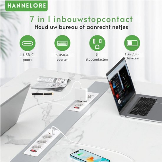 Tafelstopcontact Met USB-C, PD 20 W, Inbouwstopcontact, 3-Voudige ...