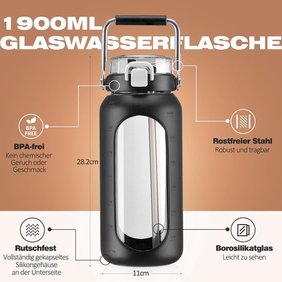 Glazen waterfles met rietje - Motiverende waterfles - 1.89 liter ...