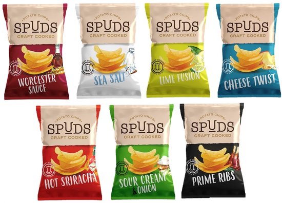 Spuds Chips Mixpak Worcester Sauce, Sea salt, Lime Fusion, Cheese twist ...