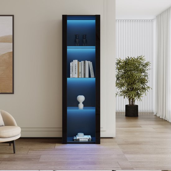 Zwarte hoogglans showcase-kast met LED-verlichting, 3 glazen ...