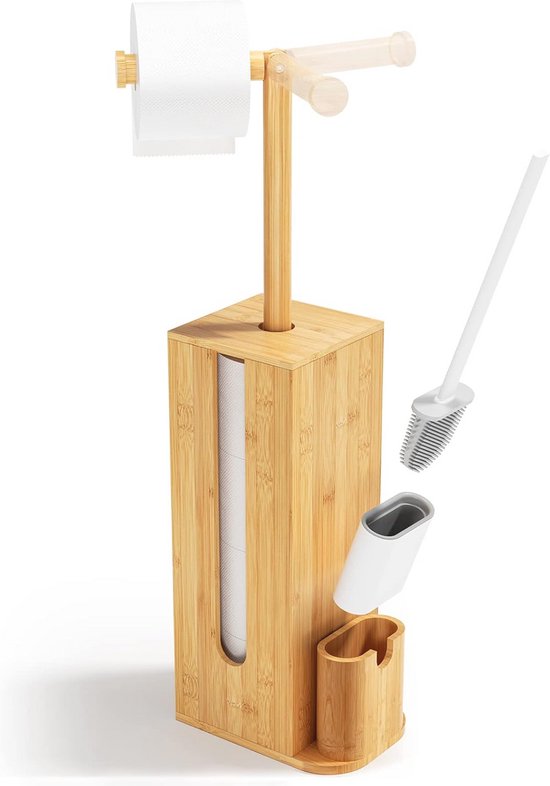 Staande WC-Rolhouder met Toiletborstel - 3-in-1 Bamboe Toilettenkits | bol