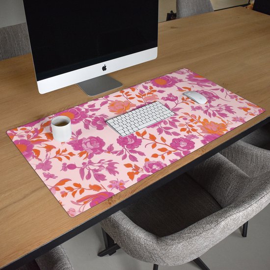 Bureau onderlegger 100x50 cm - Bloemenpatroon - Roze - Oranje - Bloemen ...