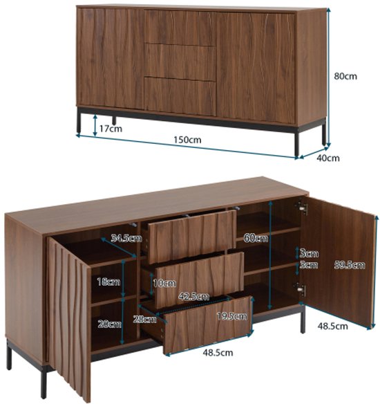 Buffet 150cm grain chêne foncé, 3 tiroirs, grand buffet, meuble de ...