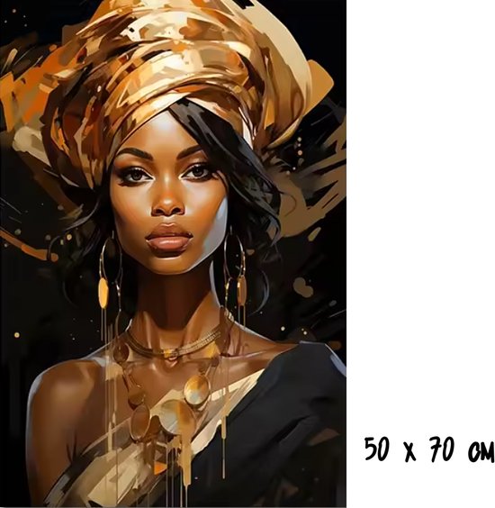 Allernieuwste.nl® Canvas Schilderij Afrikaanse Vrouw Goud/Zwart 2 - Luxe Wanddecoratie... | bol