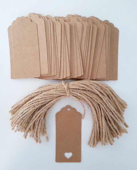 Kaartjes - hartje - 50 stuks - met touwjes - labels - karton - 9 x 4 cm ...
