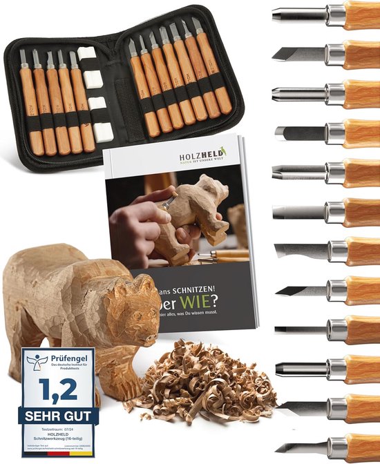Ensemble d'outils de sculpture sur bois - 16 pièces avec sac à outils | bol
