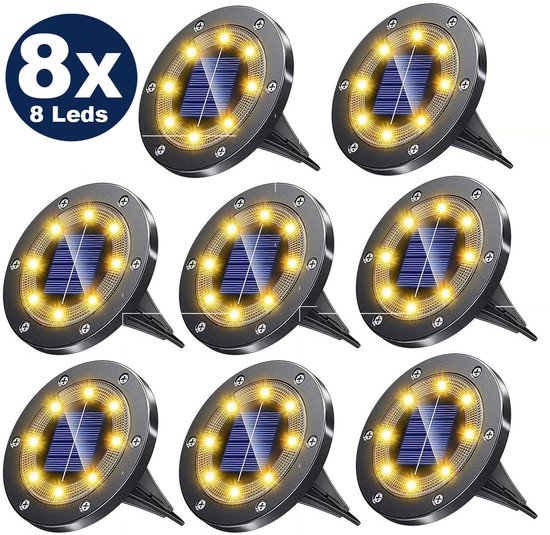 8x LED Warm Solar Grondspot Zwart RVS - Solar Tuinverlichting - Led ...