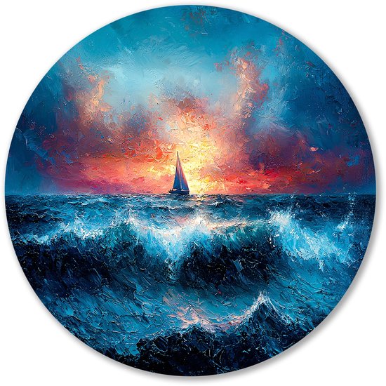 Zeilboot op zee bij zonsondergang - Zeilboot muurcirkel - Wandpaneel ...
