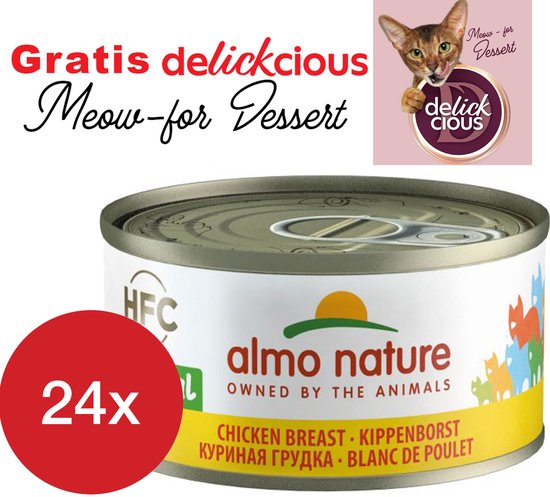 Almo Nature kippenborst 24 x 70 gram met GRATIS Delickcious dessert | bol