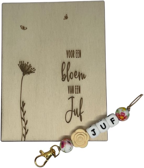 Sleutelhanger en houten kaartje JUF | GEEL | bloem | jij bent de ...