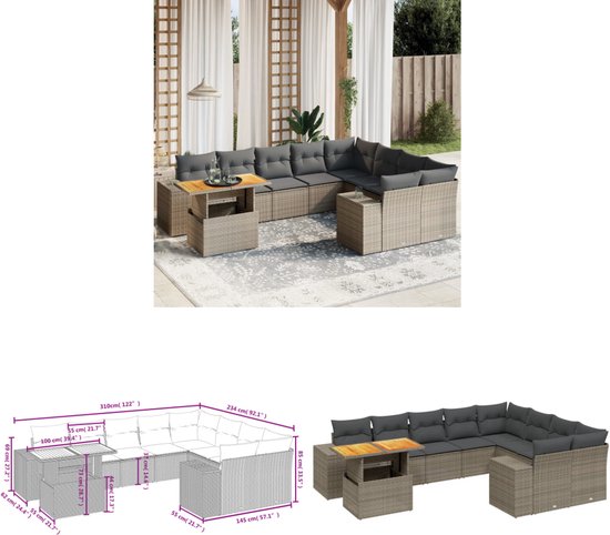 vidaXL 10-delige Loungeset met kussens poly rattan grijs - Loungeset ...