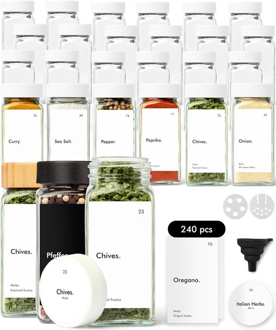 Vierkante Glazen Kruidenpotjes met Strooiinzet en Etiketten - Set van 24 x 120 ml | bol