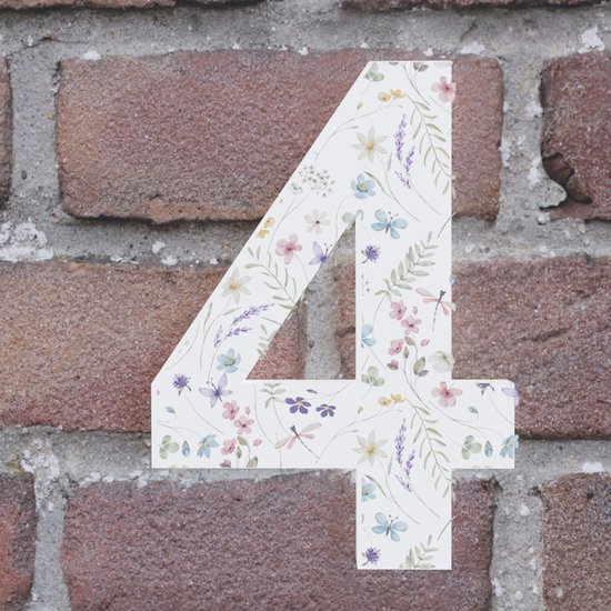 Huisnummer Arial 4 wit met bloemen - Huisnummerbord - 15 cm - blinde ...