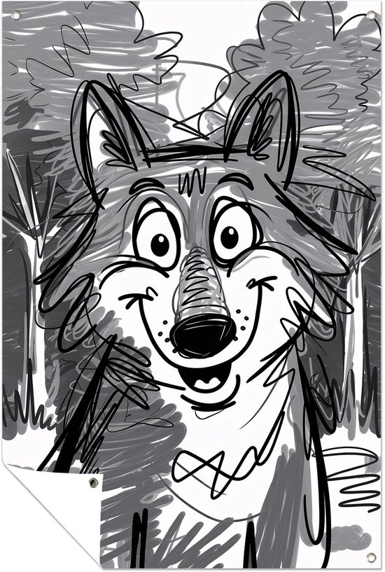 Speelse wolf lijntekening zwart-wit - Wolf tuinprint ...