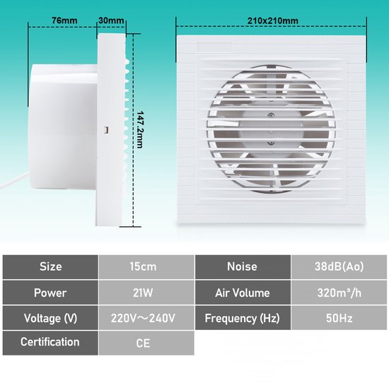 Badkamer ventilator- Ø150mm - Quiet | zeer stil | (38dB)-Toilet | bol