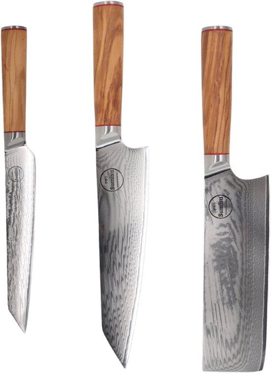 Sumisu Knives - Japanse Messenset Wood - 3-delige Messenset - Damascus ...