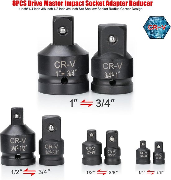 Dopsleuteladapters - Set van 8 stuks - 1 inch naar 3/4 inch, 3/4 inch ...