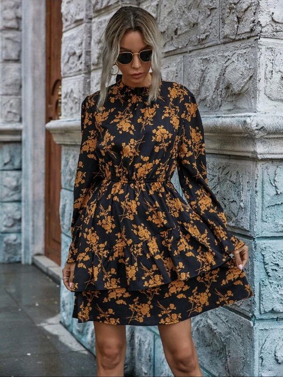 MKL - Dames jurk - Midi jurk - Boho Bloemen Jurk - Zomerjurk met lange mouwen - Zwart | bol