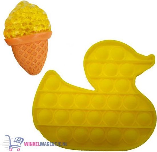 Pop It Fidget Toys Eend (Geel) + Sweet Squishy IJsje (Geel) + Hartjes ...