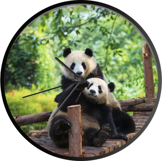 Klok Panda's Ø 30 cm - Twee panda's - Modern - Zwarte wandklok met foto ...