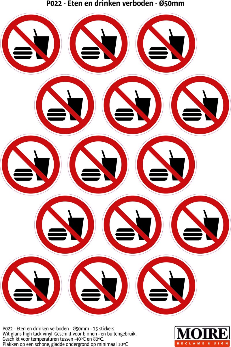 Autocollant pictogramme 75 pièces P022 - Interdit de manger et de boire ...
