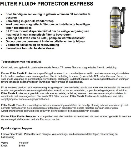 Fernox vuilfilter TF1 omega 4/4 + Fluid en protector express 400 ml | bol
