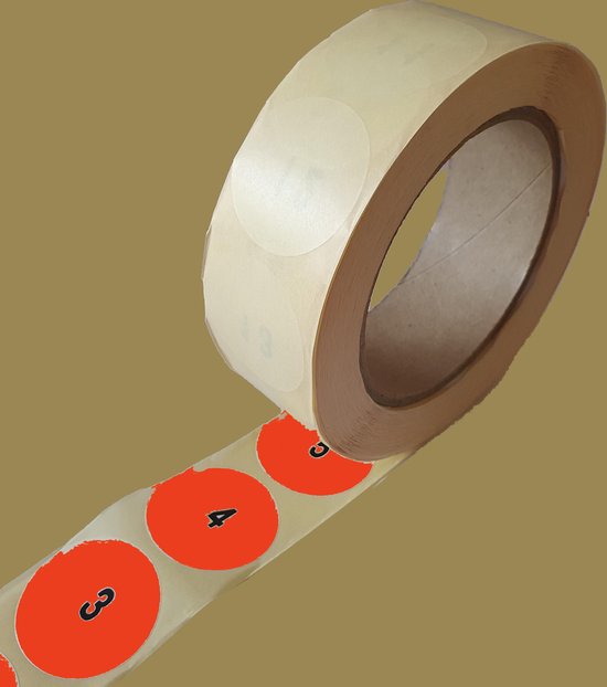 Genummerde etiketten op rol, 35 mm rond, rood radiant papier / 0001 t/m ...