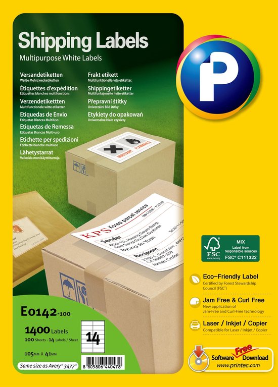 Printec Adres Etiketten - 100 Vel - 105x41mm - 14 Labels per A4 - 1400 ...