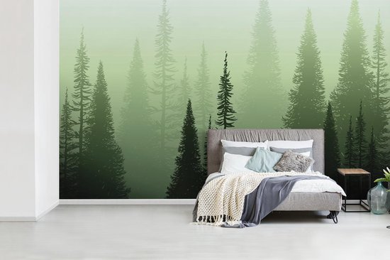 Behang - Fotobehang - een naaldbos in de mist - Breedte 400 cm x hoogte ...