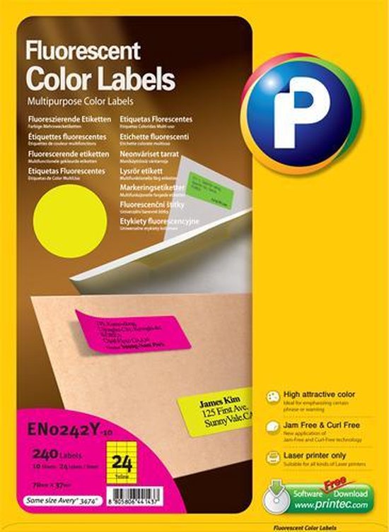 Printec Fluoriscerend Neon Geel Etiketten - 10 Vel - 70x37mm - 24 ...