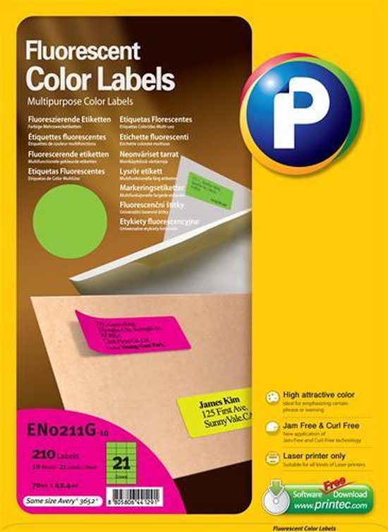 Printec Fluoriscerend Neon Groen Etiketten - 10 Vel - 70x42.4mm - 21 ...