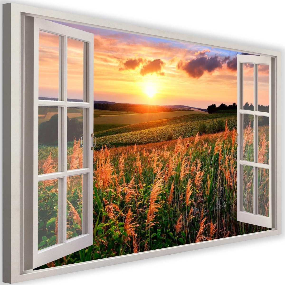Schilderij Uitzicht op landschap, 2 maten, wit raam, Premium print ...