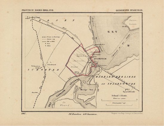 Historische kaart, plattegrond van gemeente Spaarndam in Noord Holland ...
