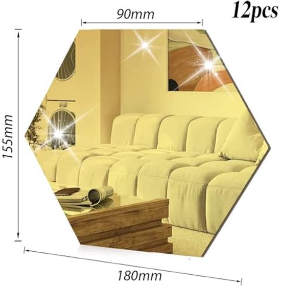 12 Pieces Honeycomb Wall Mirror Sticker - Gold Acrylic Wall Stickers ...