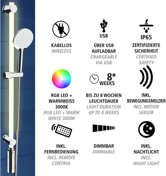 RGB LED Douchestangset 94 cm - Verlichting voor Douche | bol