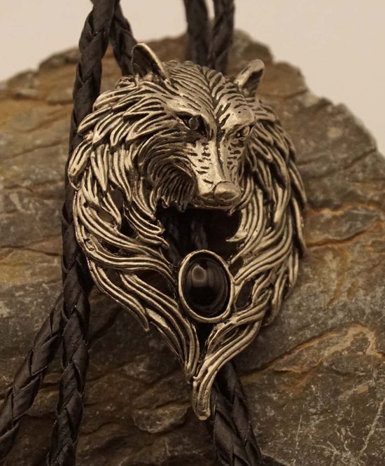 Leren bolo tie wolf met zwart steen - veterdas wolf - das van leer ...