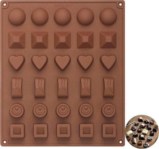 Siliconen Chocoladevorm Mal - 30 chocolaatjes - 6 verschillende vormen ...