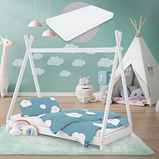 Kinderbed tipi 80x160 cm wit met matras en lattenbodem - Houten ...