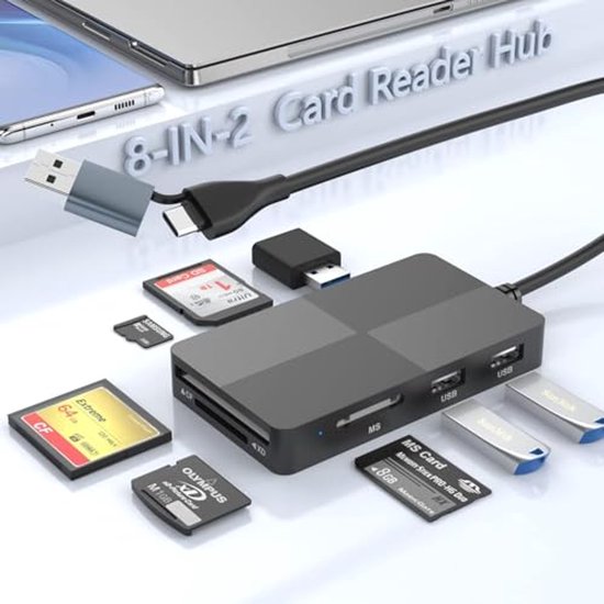 USB 3.0 Kaartlezer Hub - 8-in-2 Multi-geheugenkaartlezer voor SD, Micro ...