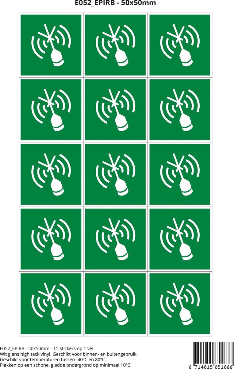 Pictogram sticker E052 EPIRB - 50x50mm 15 stickers op 1 vel | bol.com
