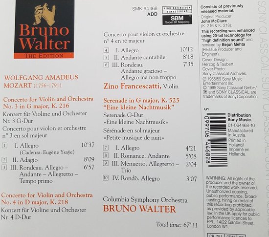 Mozart Violin Concerto No.3 & 4 - Eine Kleine Nachtmusik Bruno Walter, Zino... | bol