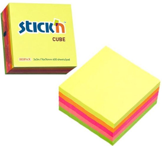 Stick'n sticky notes - Kubus memoblok - 76x76mm - Neon Kleuren - 400 ...