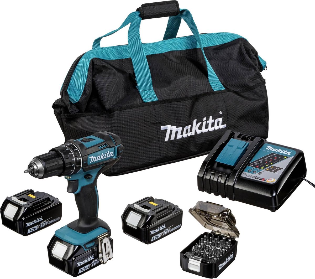 Makita DHP482RFX3 18V (Klop)boor-schroefmachine 3.0Ah + 3e accu in Tas + 31-delige Bitset | bol.com