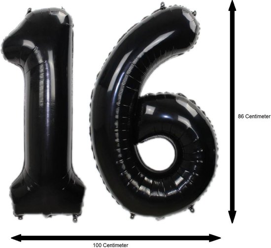 Folie Ballon Cijfer 16 Jaar Zwart 86Cm Verjaardag Folieballon Met ...