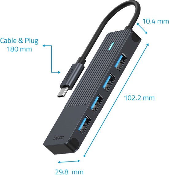 Rapoo USB-C Hub, USB-C naar USB-A, grijs | bol