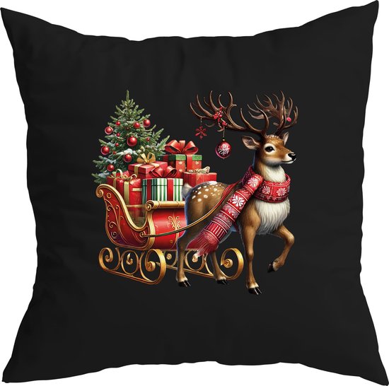 Zwarte kerst kussenhoes met Full color Groot Hert met mooie Slee vol ...