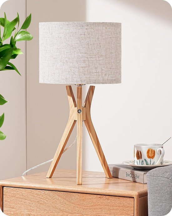 Houten Bedlampje Led-Tafellamp Vintage Tafellamp Linnen Lampenkap E27 ...